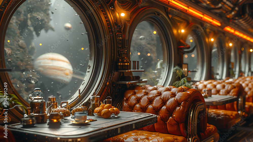 A retro-futuristic space train interior with plush leather armchairs, a ...