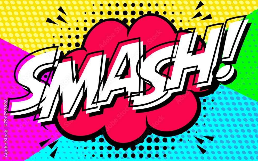 Smash depicted bold colors pop art style with yellow and blue sunburst ...