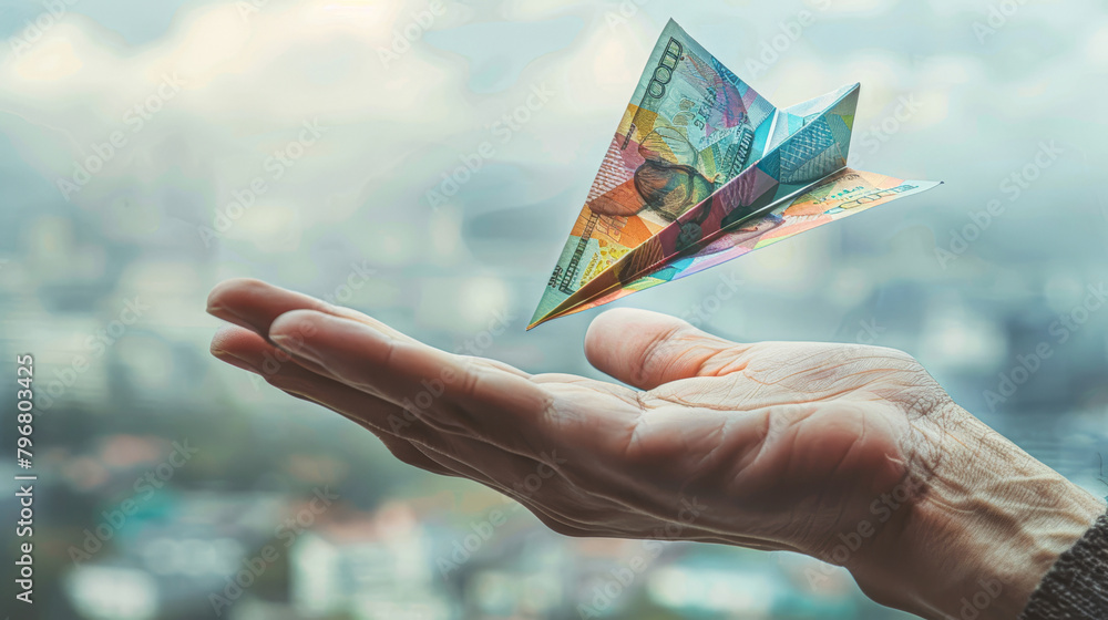 A hand holding a paper airplane with a bill in it. Concept of freedom ...