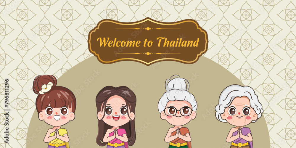 Character of traditional dress Thai girl or young woman gesture poses ...