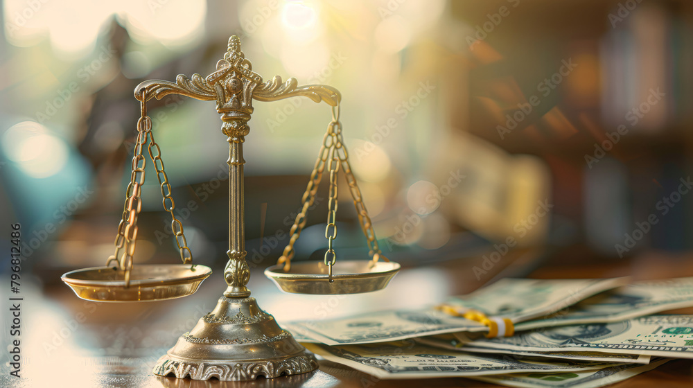 A scale with a dollar bill on each side. The dollar bills are stacked ...