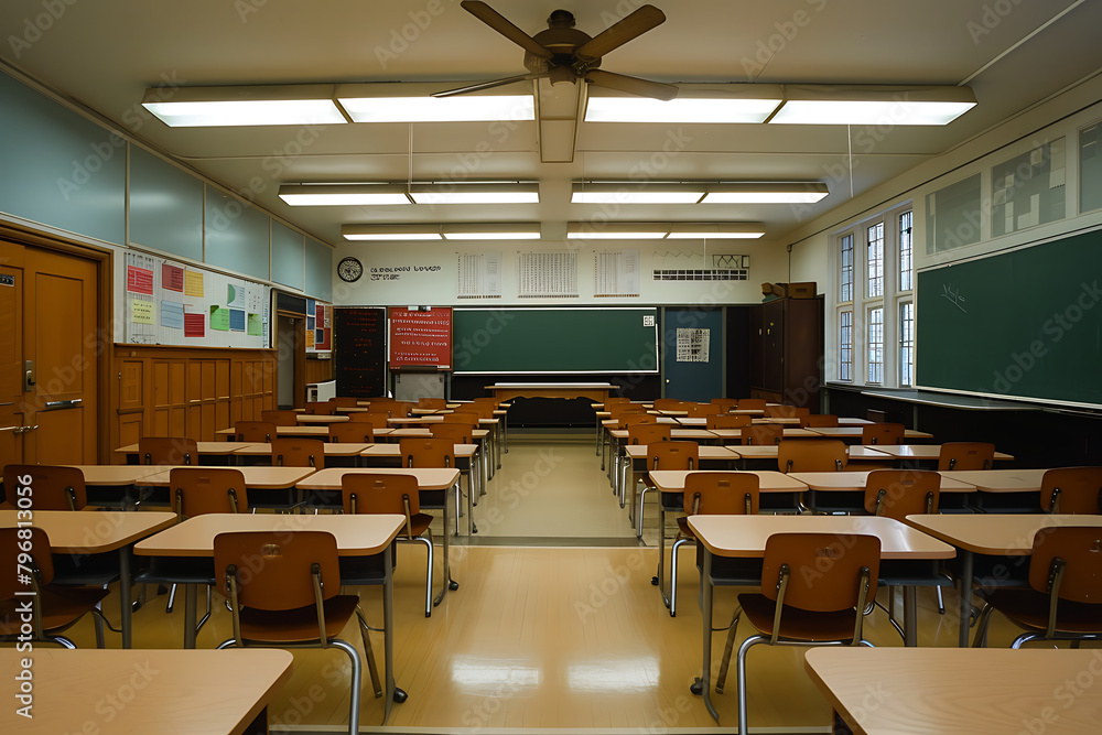 An empty classroom with neat rows of desks and chairs, chalkboard, and natural light filtering ...