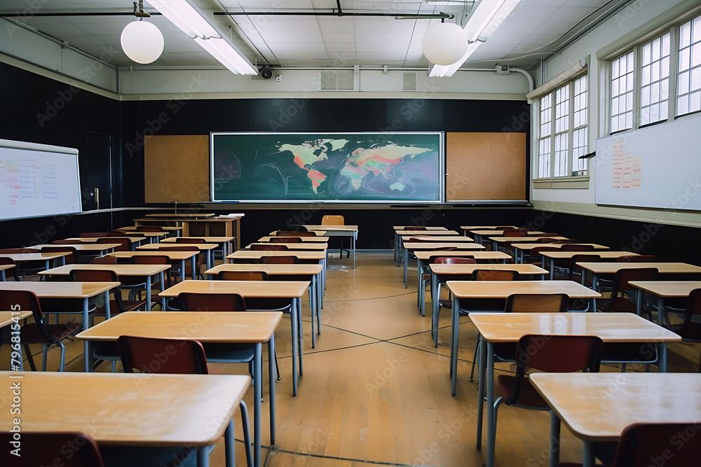 An empty classroom with neat rows of desks and chairs, chalkboard, and natural light filtering ...