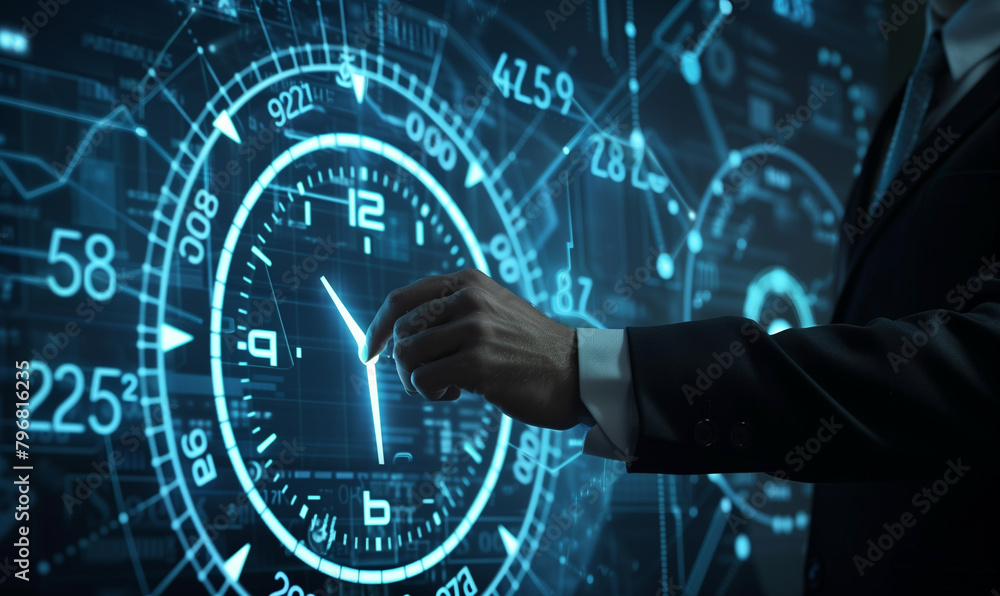 The businessman uses a virtual screen interface that displays a ...