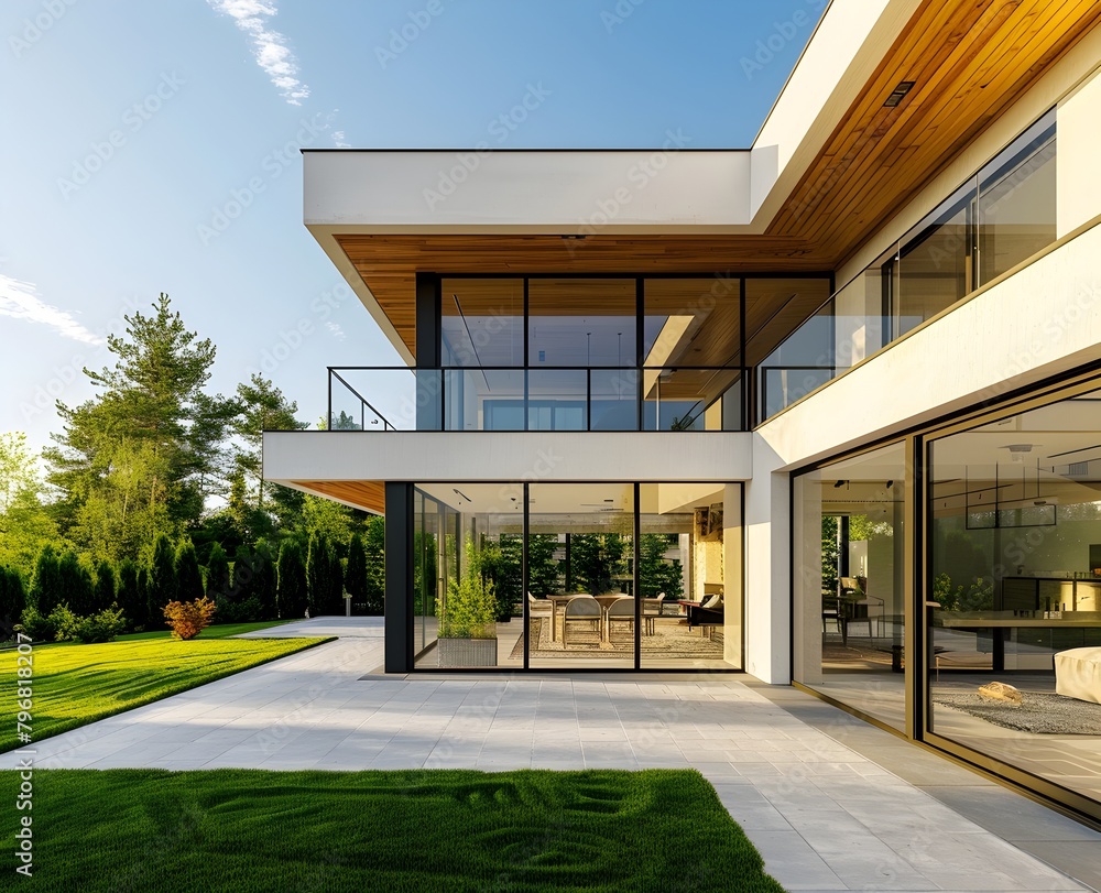 Modern house with glass doors, sliding doors and a wooden ceiling on ...