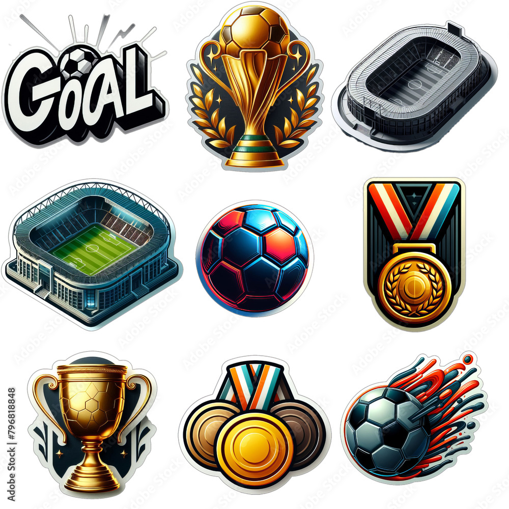 Set of icons and stickers of soccer football items, ball, cup, stadium ...