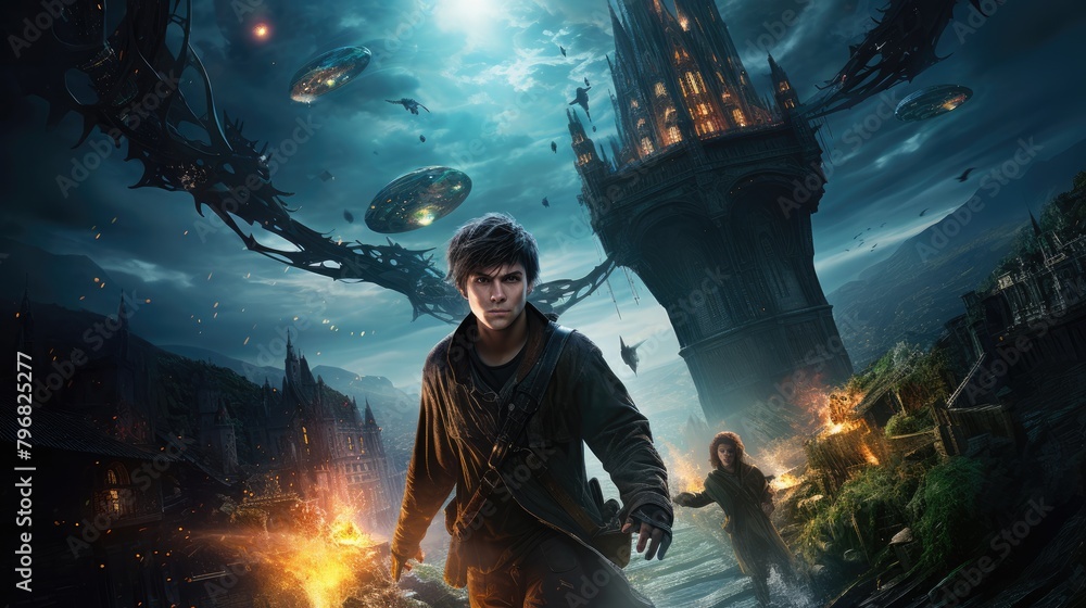 a portrait epic scene from a young adult fantasy. a 15 years old very ...