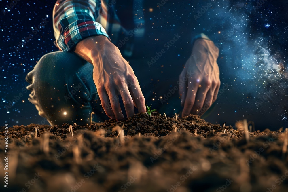 Farmer checking soil with Milky Way galaxy background ec. Concept ...