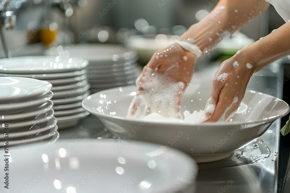 Hands washing white dishes in modern kitchen or restaurant. Concept ...