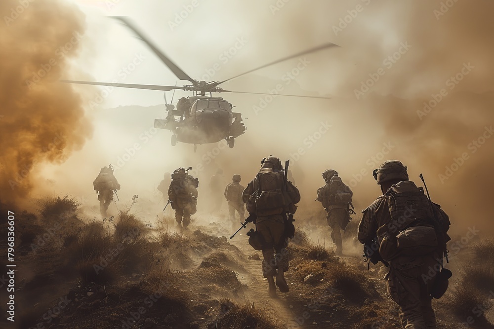 Soldiers in full gear approach a dust-filled horizon, helicopter flying ...