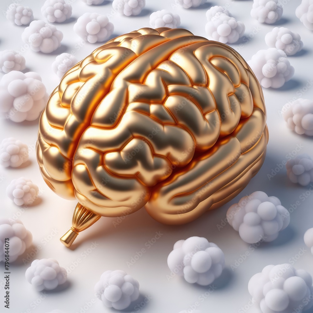 Golden human brain. 3D golden anatomical model surrounded by clouds on ...