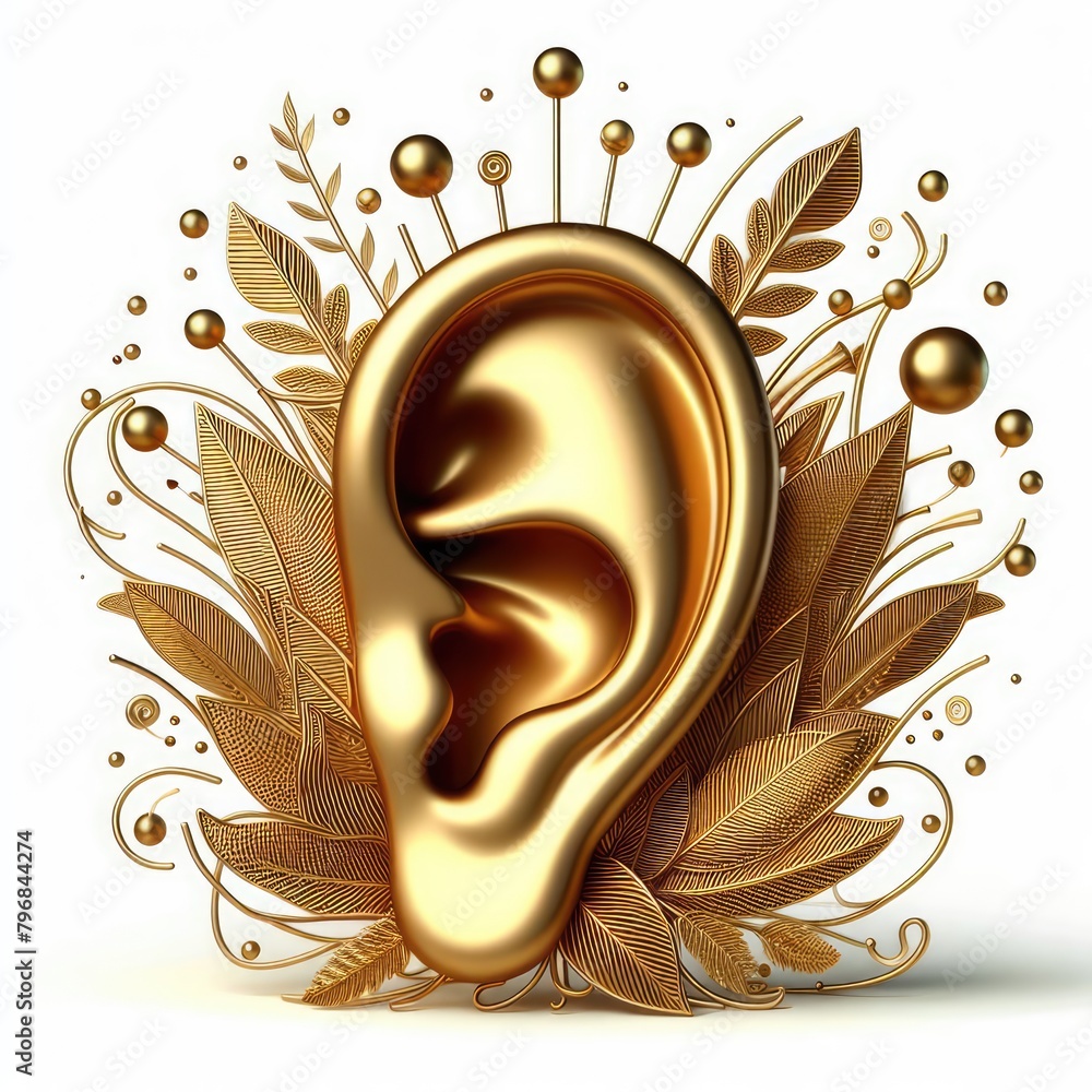 Golden human ear. 3D golden anatomical model surrounded by clouds on a ...