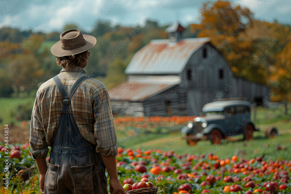 Vintage Farmer Scene with Wooden Barn, Postal Van and Farm Assets ...
