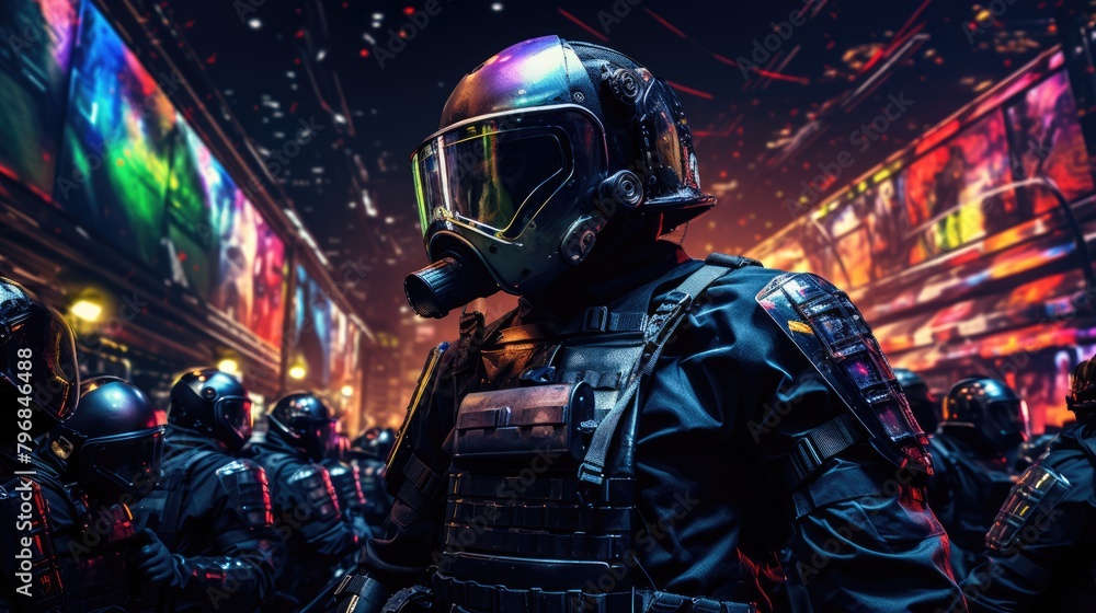 Riot police full of bright colors in the style of terror wave, AI ...