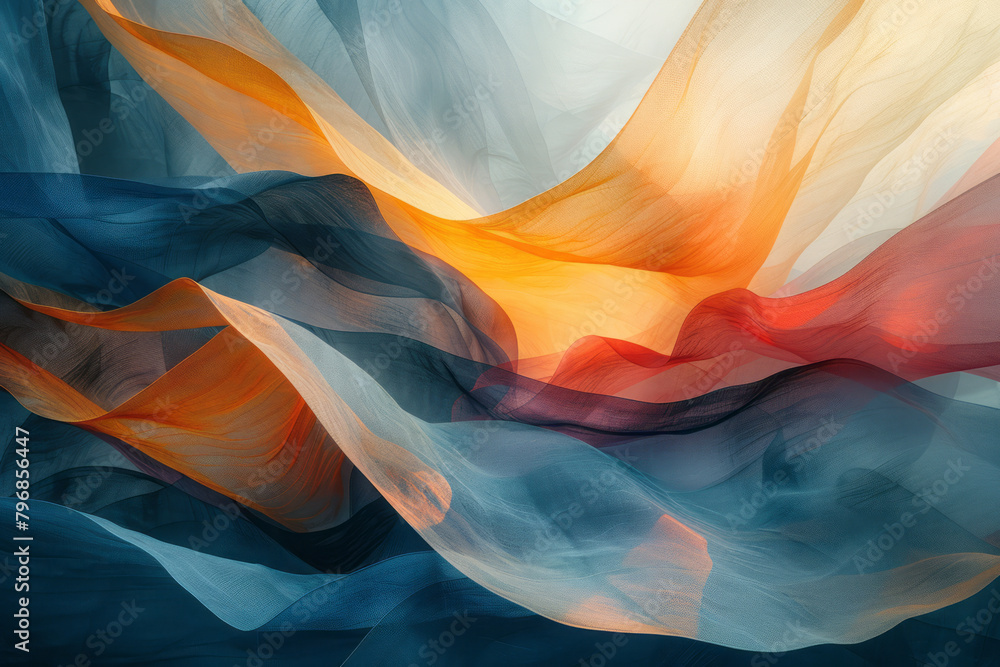 Create a dynamic abstract scene with overlapping layers of transparent ...