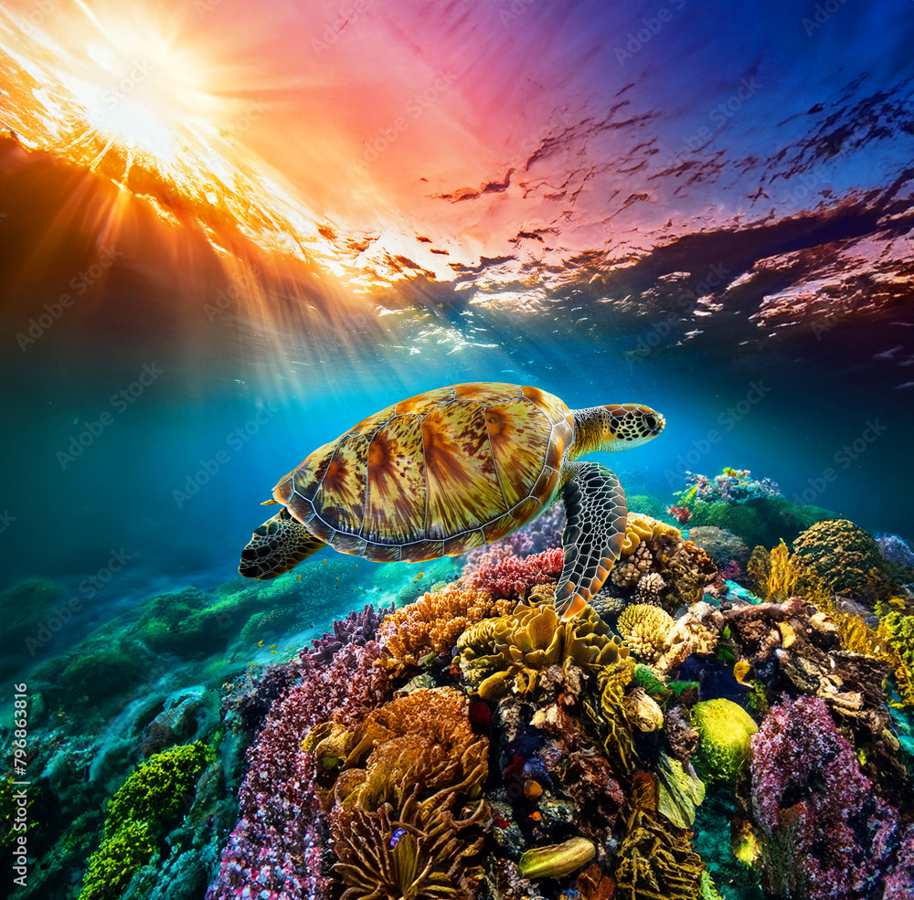 Beautiful Green Sea Turtle Swimming Underwater close to a Colorful ...