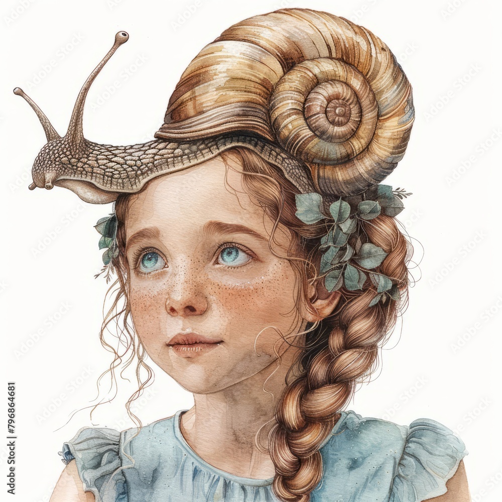 Portrait of girl with her pet snail Achatina sitting on the head ...