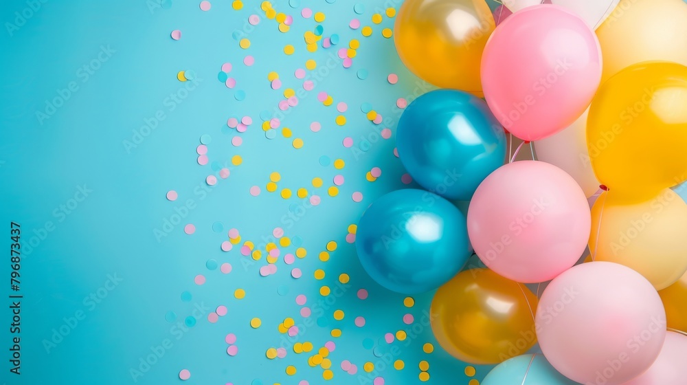 Festive background featuring vibrant balloons and scattered confetti on ...