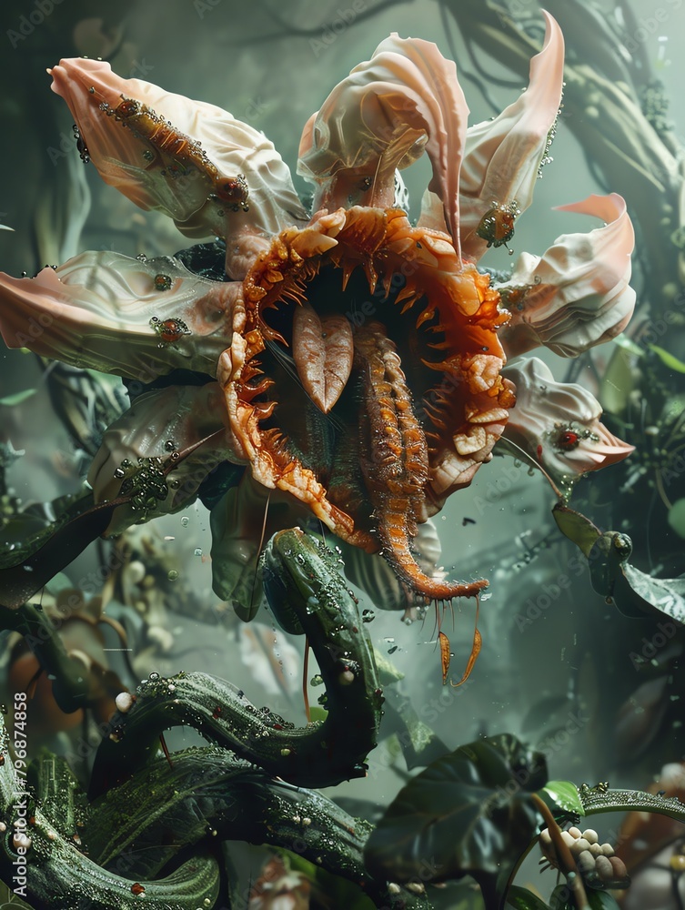 A carnivorous flower with a long tongue that is covered in sharp teeth ...