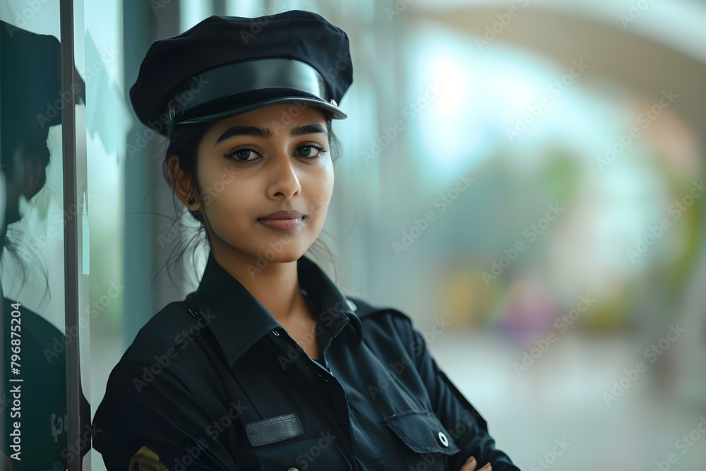 An Indian woman in a security guard uniform performing her duties ...