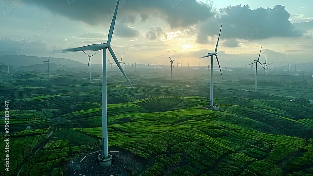 Rural landscape with wind turbines and biogas digesters showcasing ...