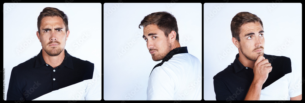 Man, collage and fashion with expression of casual model in frame ...