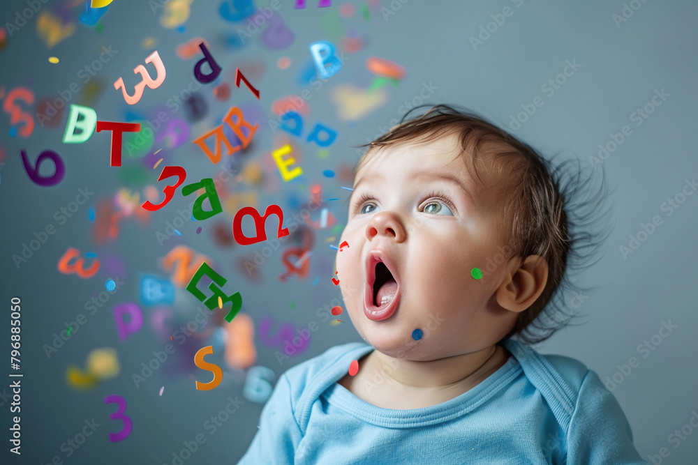 Excited Toddler with Alphabet Letters Flying Around. Funny baby boy ...