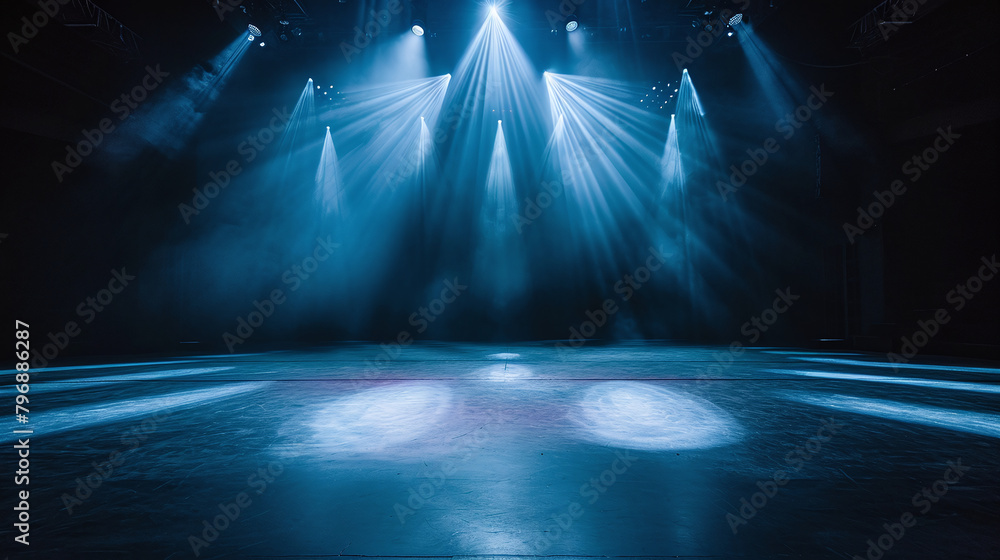 Empty concert stage with illuminated spotlights and smoke. Stage ...