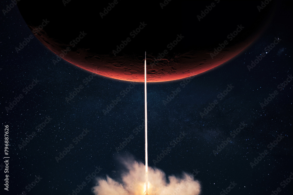 Rocket with blast and smoke takes off to the red planet mars mars ...
