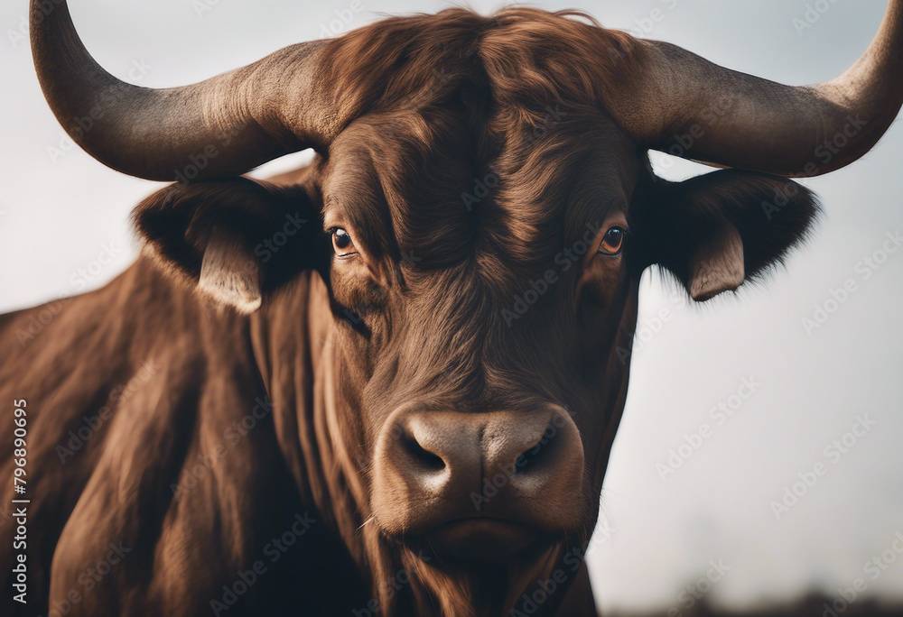 Strongest dark brown bull with muscles and long horns portrait looking ...