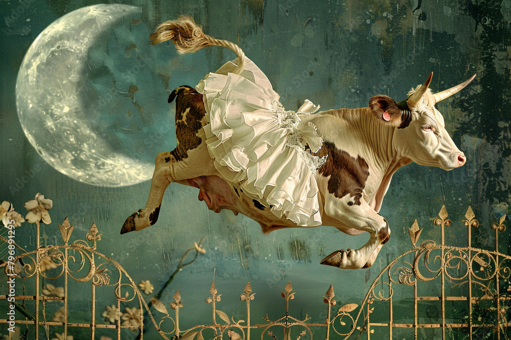 A cow wearing a tutu and ballet shoes, gracefully leaping over a moon ...