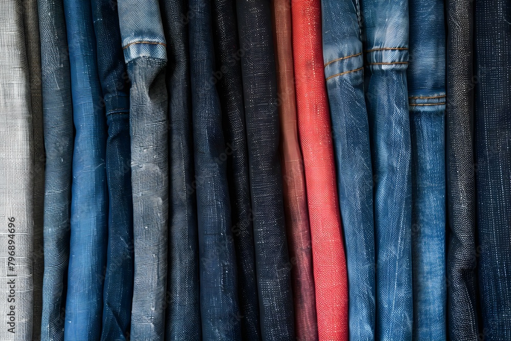 Variety of colored denim fabric samples for different jeans styles ...