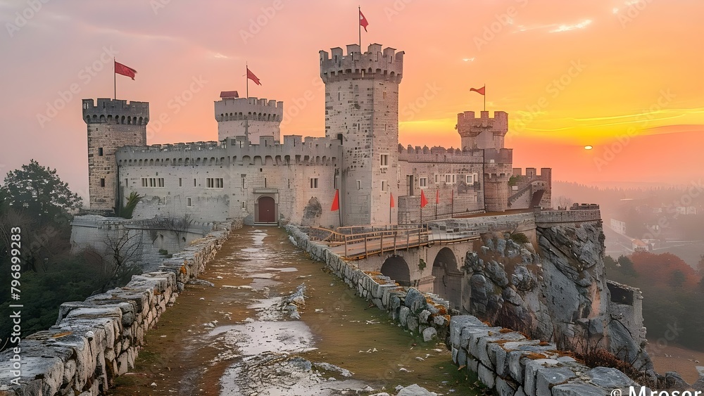 Medieval fortress with castle walls towers drawbridge and royal flags ...