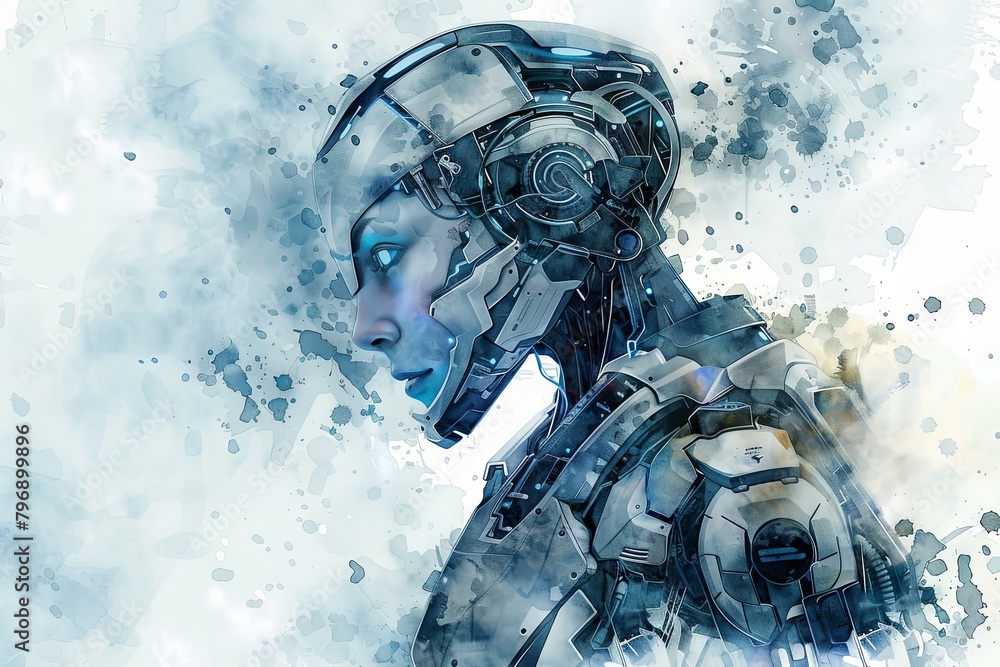 Futuristic Robotic Exoskeleton in Ethereal Watercolor Graphic with High ...