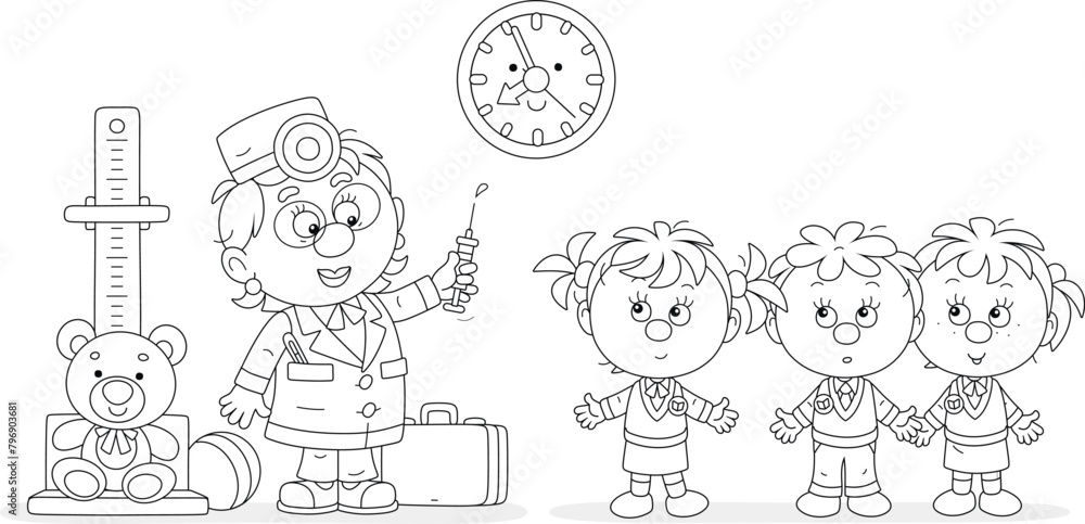 Doctor pediatrician holding a syringe for vaccination little kids in a ...