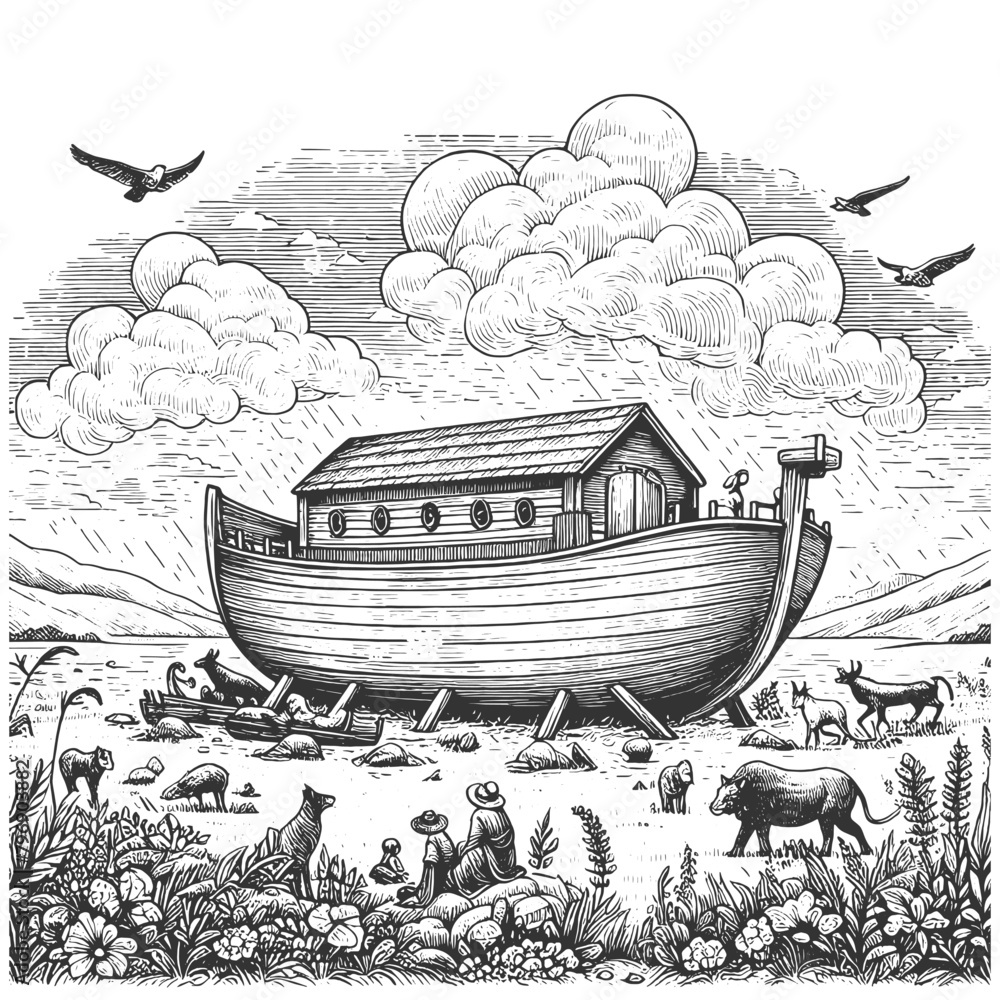 Noah Ark, a biblical boat ship vessel, resting on water with two doves ...