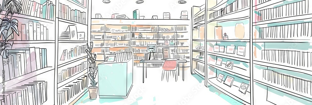 Minimalist Single Line Drawing of a Vibrant Bookstore Interior with ...