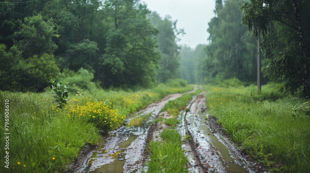 A muddy road, slick with rain, cuts through a grassy expanse teeming ...