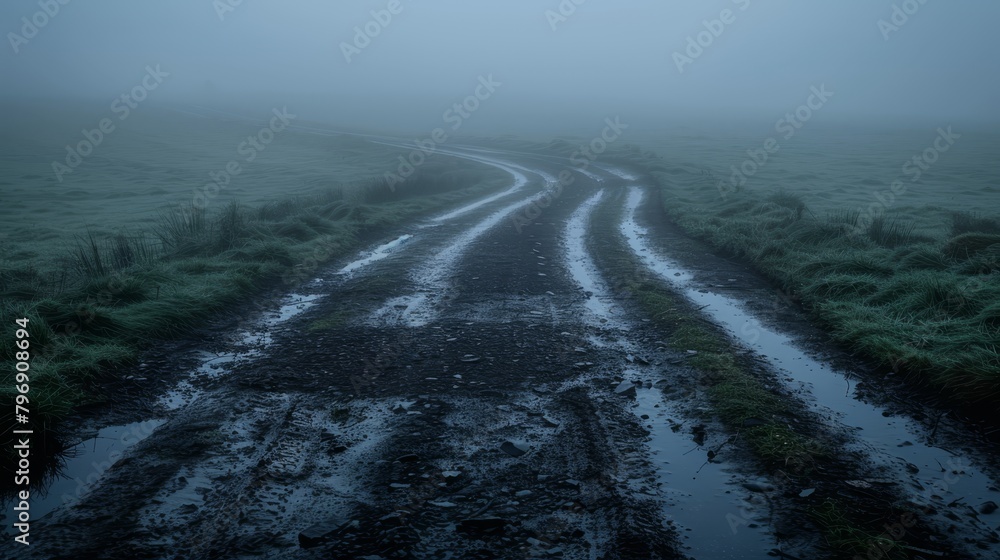 A fog-shrouded road traverses a field, flanked by grass and bushes on ...