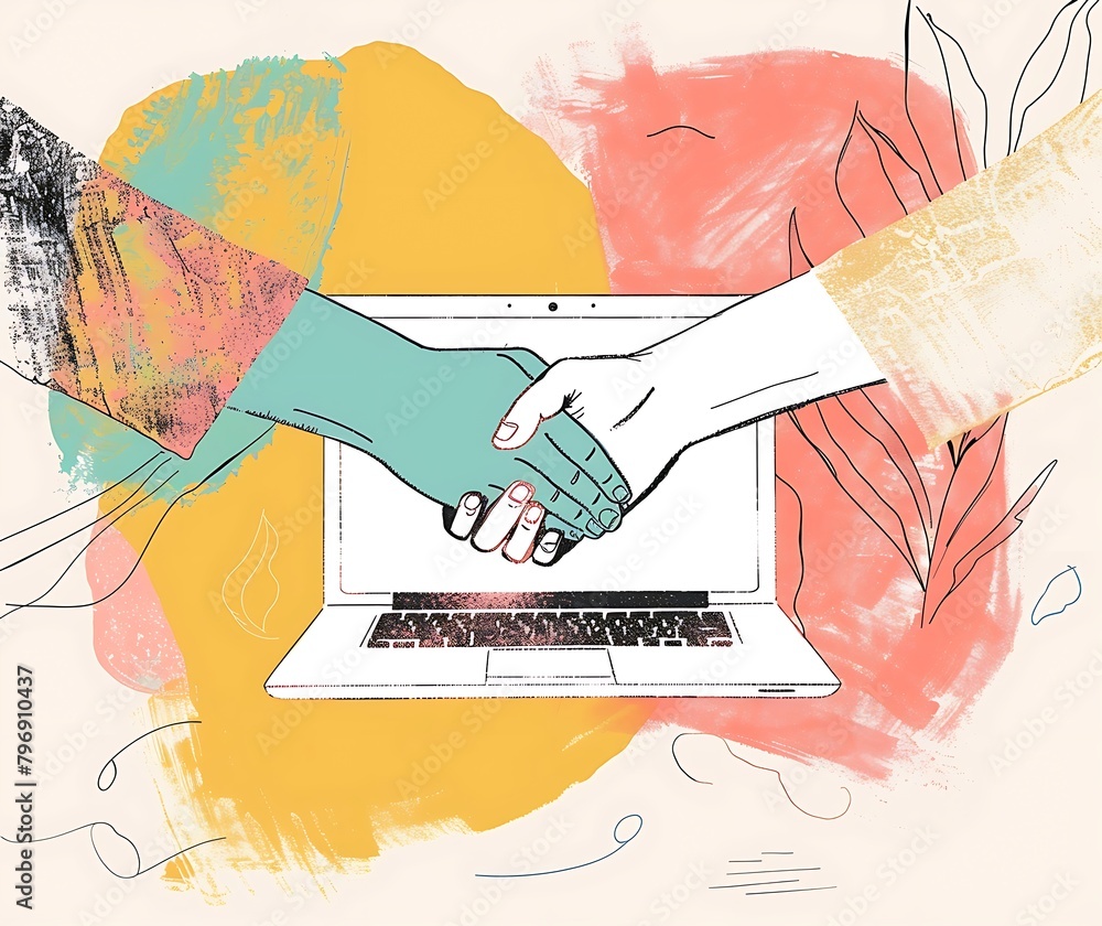 Minimalist collage of two hands shaking with laptop vector illustration ...