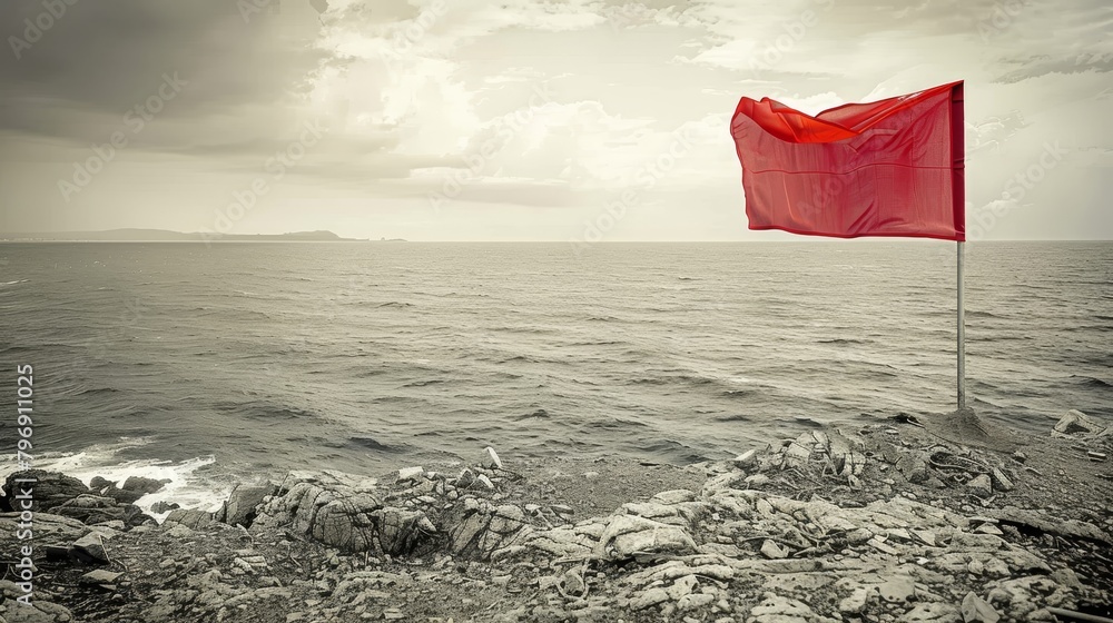 A red flag protruding from a cliffside overhanging a body of water on a ...