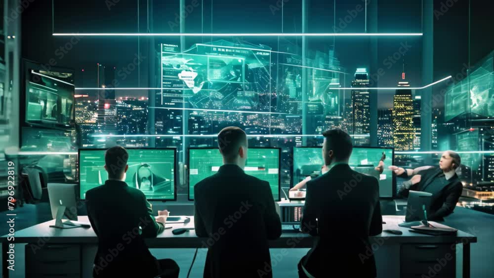 Back view of three businessmen working together in office with night ...