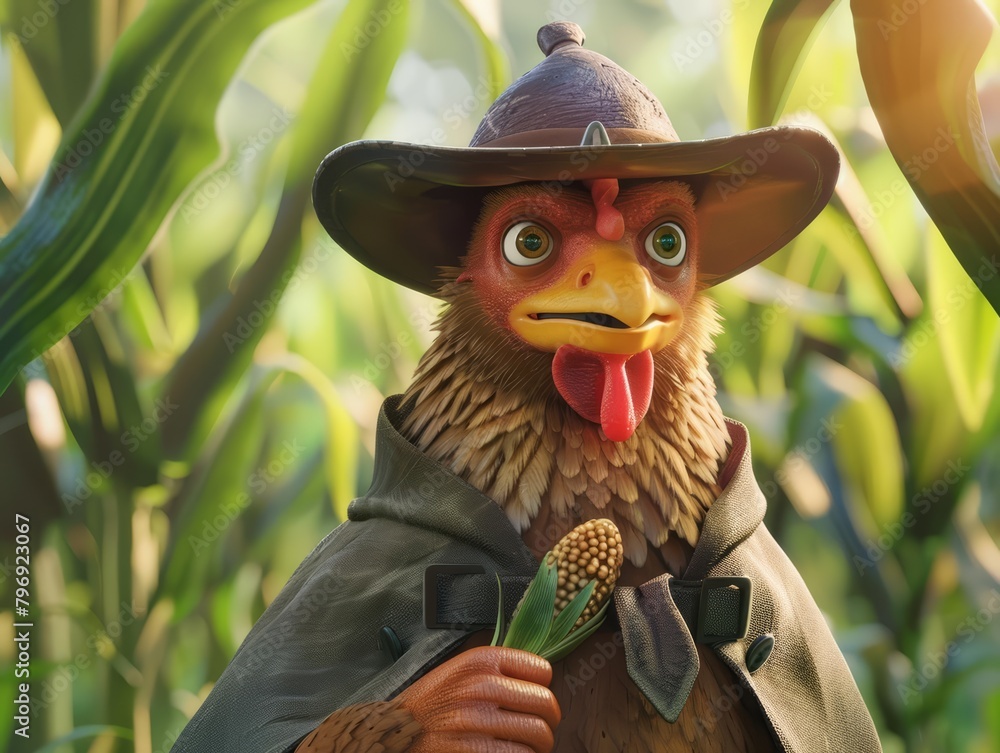 Clad in a detectives cape and hat, a curious chicken investigates the ...