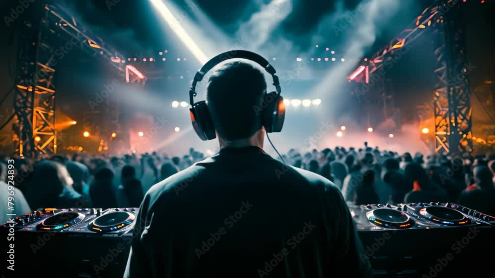 back view of disc jockey wearing headphones and mixing music in ...