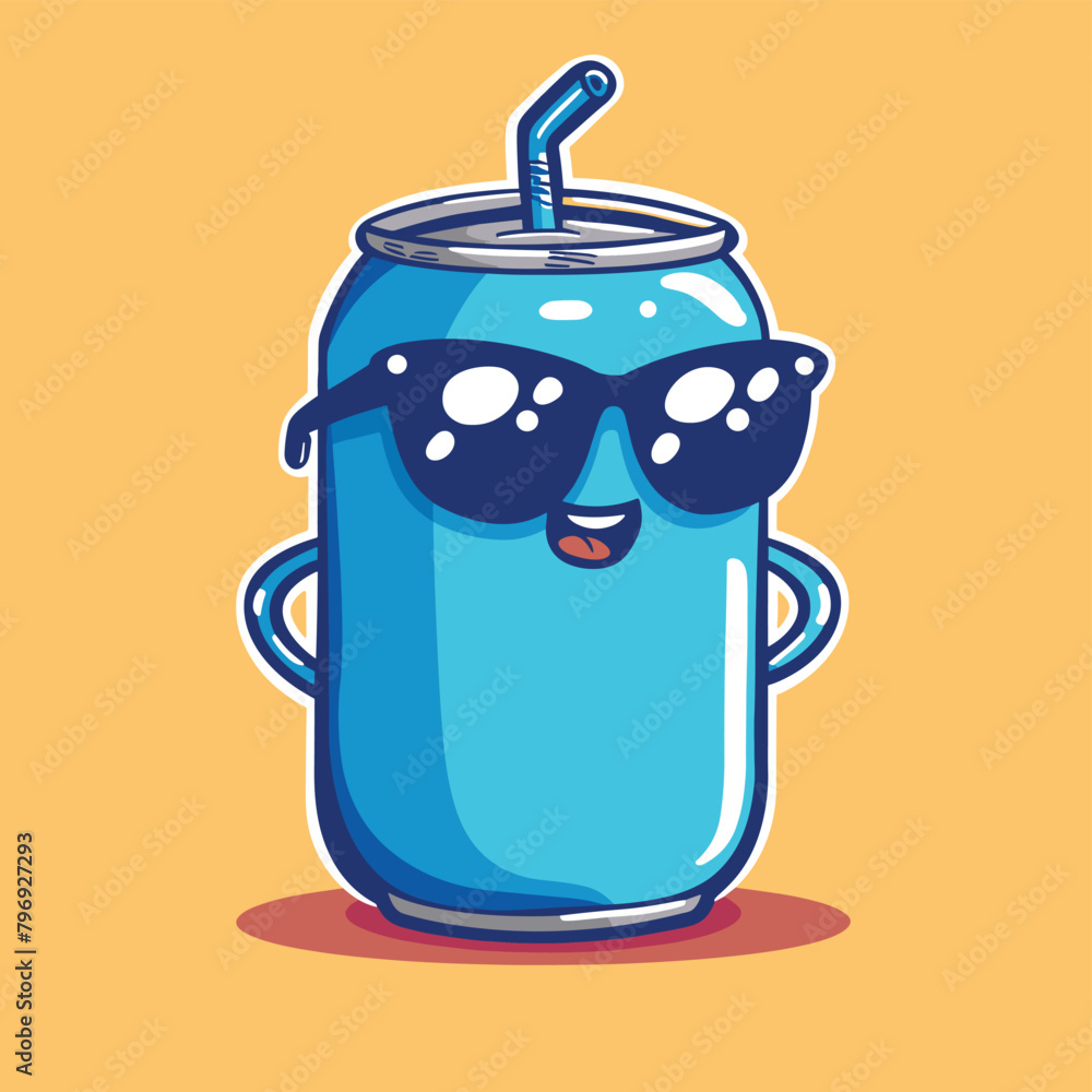 Cute soda can cartoon character with sunglasses flat vector ...