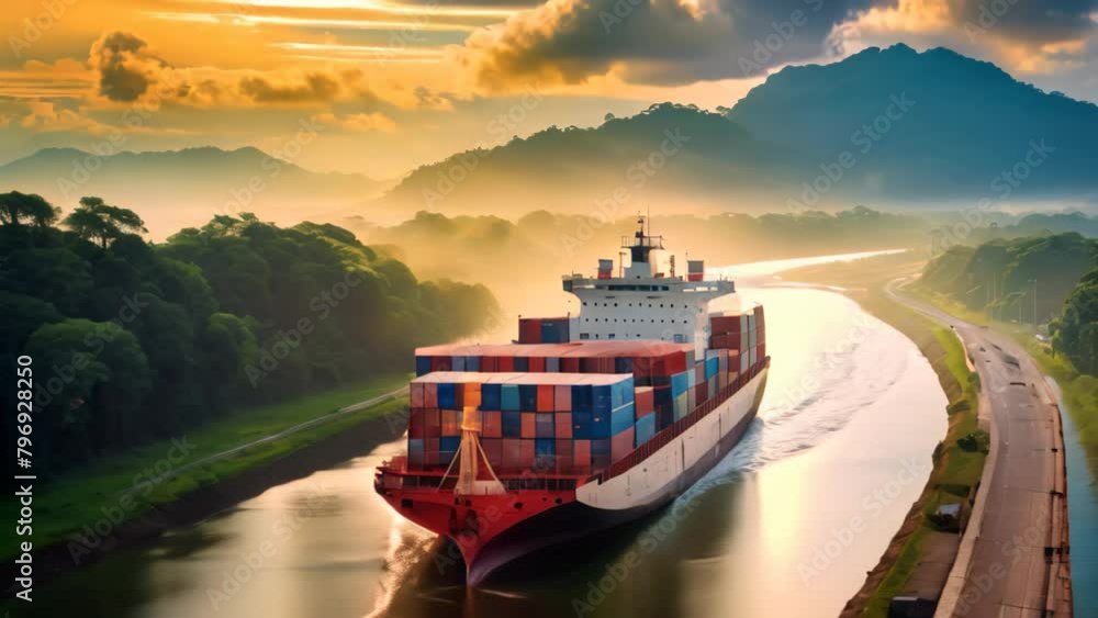 Container Cargo freight ship with working crane bridge for Logistic ...