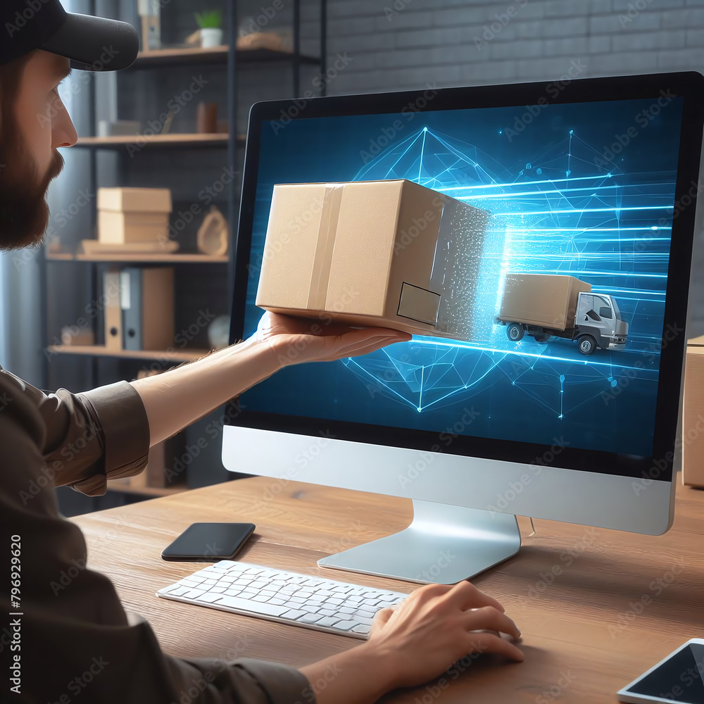 Delivery service concept with a courier handing over a package through ...