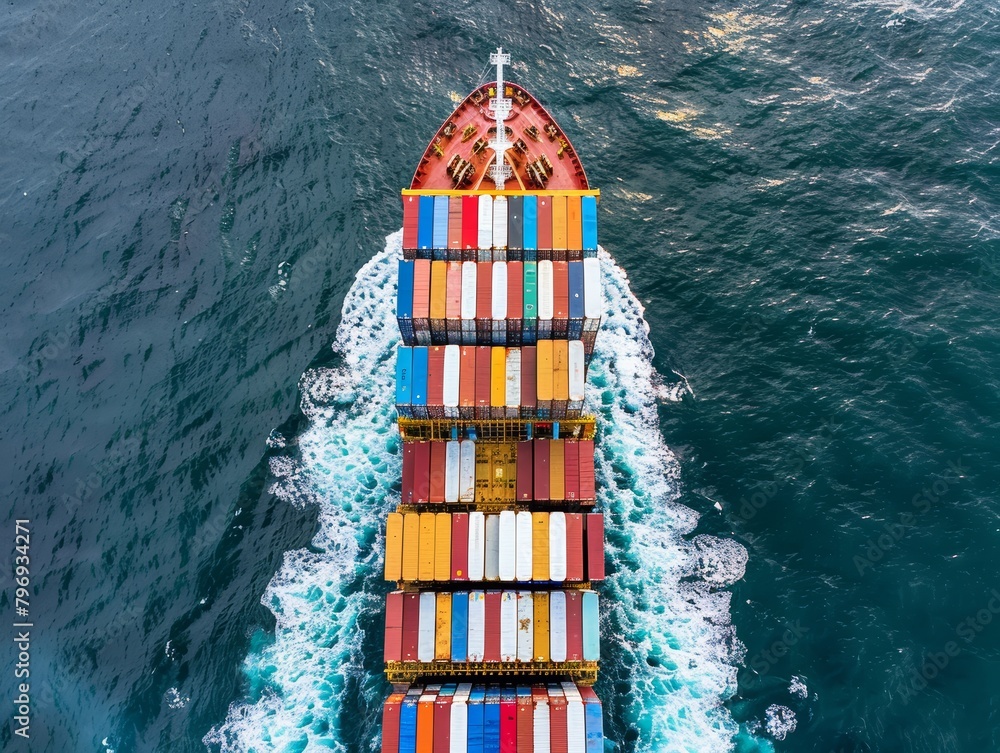 Drone-captured image of a container ship at sea, its deck lined with ...