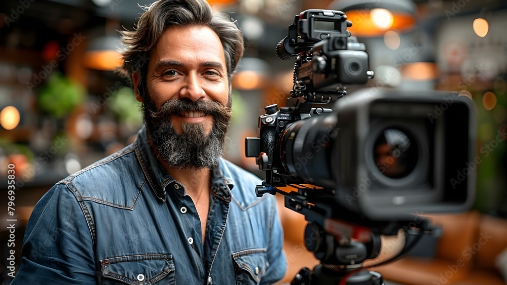Bearded influencer using tripod to film content for social media ...