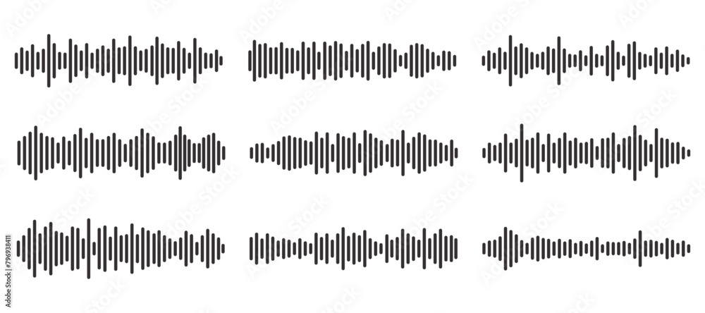 Set of wavy, vibrating and pulsating lines. Podcast sound waves ...